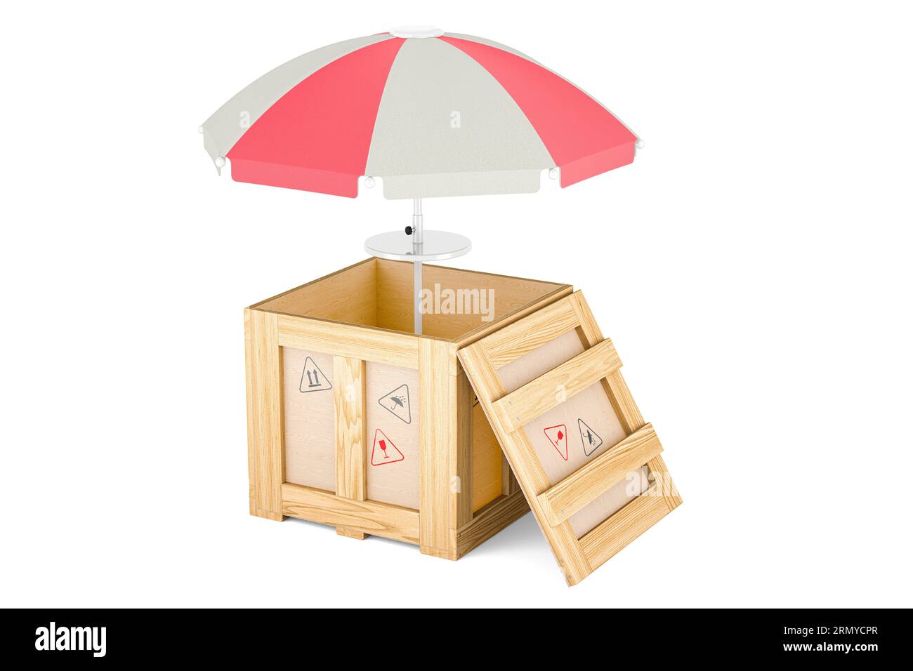 Beach umbrella inside wooden box, delivery concept. 3D rendering ...