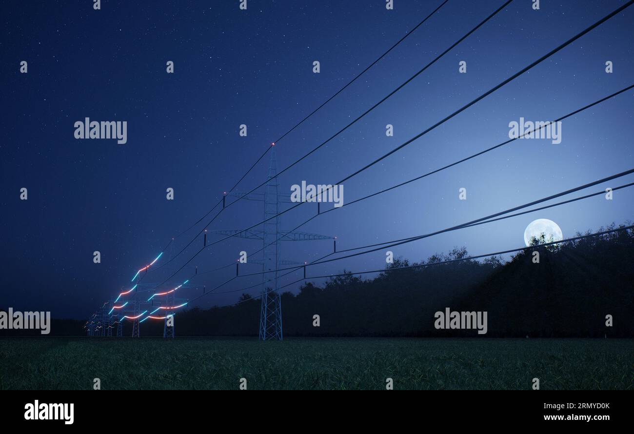 Steel power pylon with high voltage current flowing through cables over ...