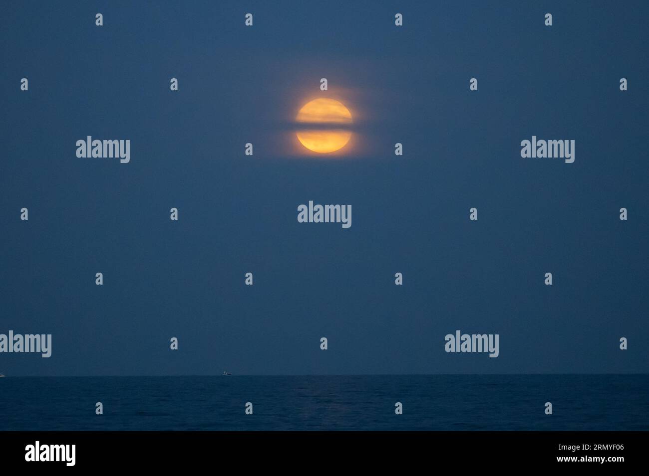 Alicante, Spain. 30th Aug, 2023. The supermoon "Blue Moon" breaks through strips of low clouds ...