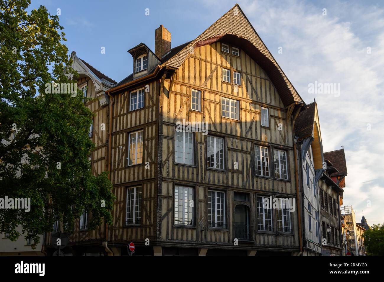 Medieval central part of Troyes old city with half-timbered houses and ...