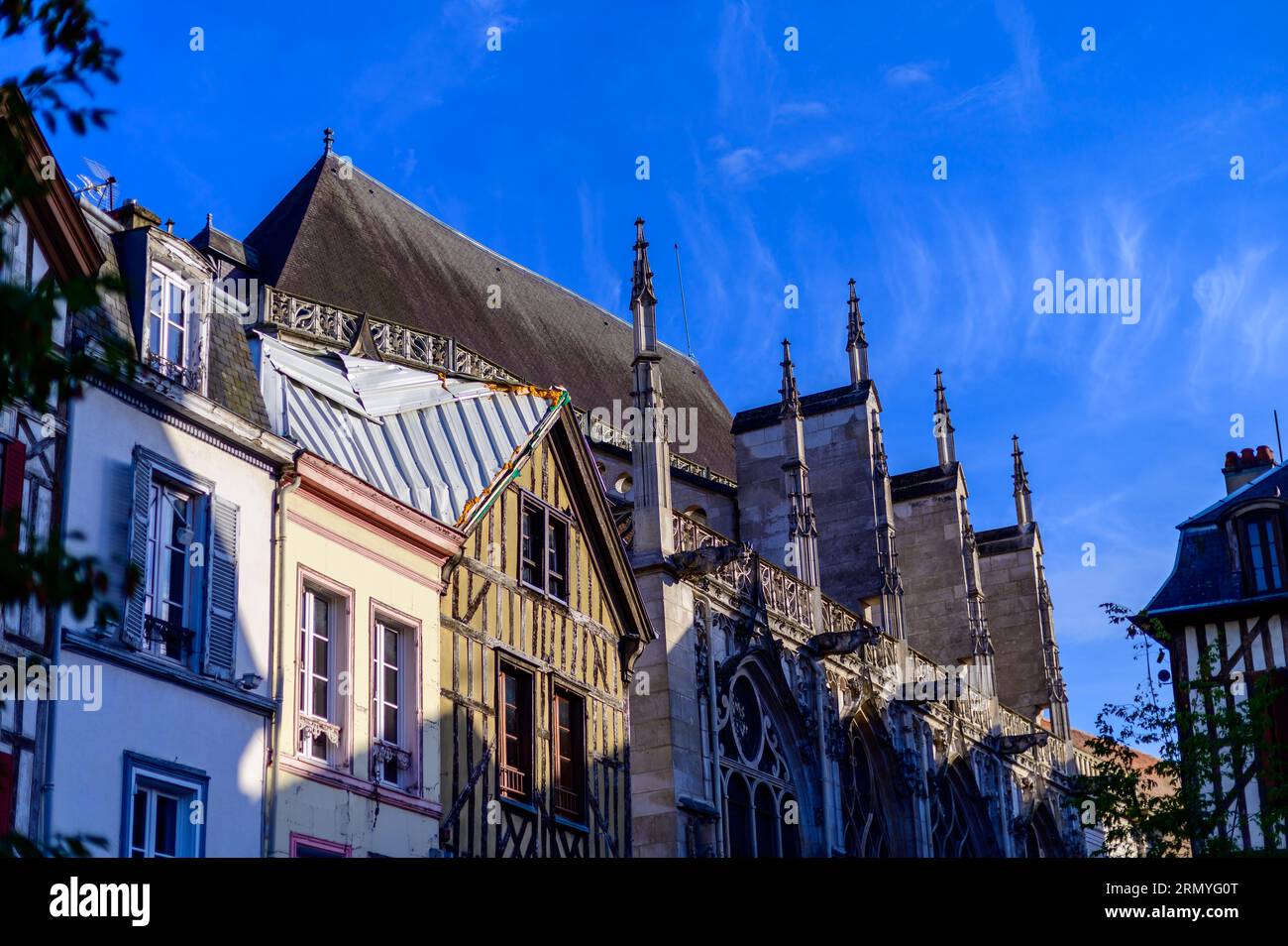 Medieval central part of Troyes old city with half-timbered houses and ...