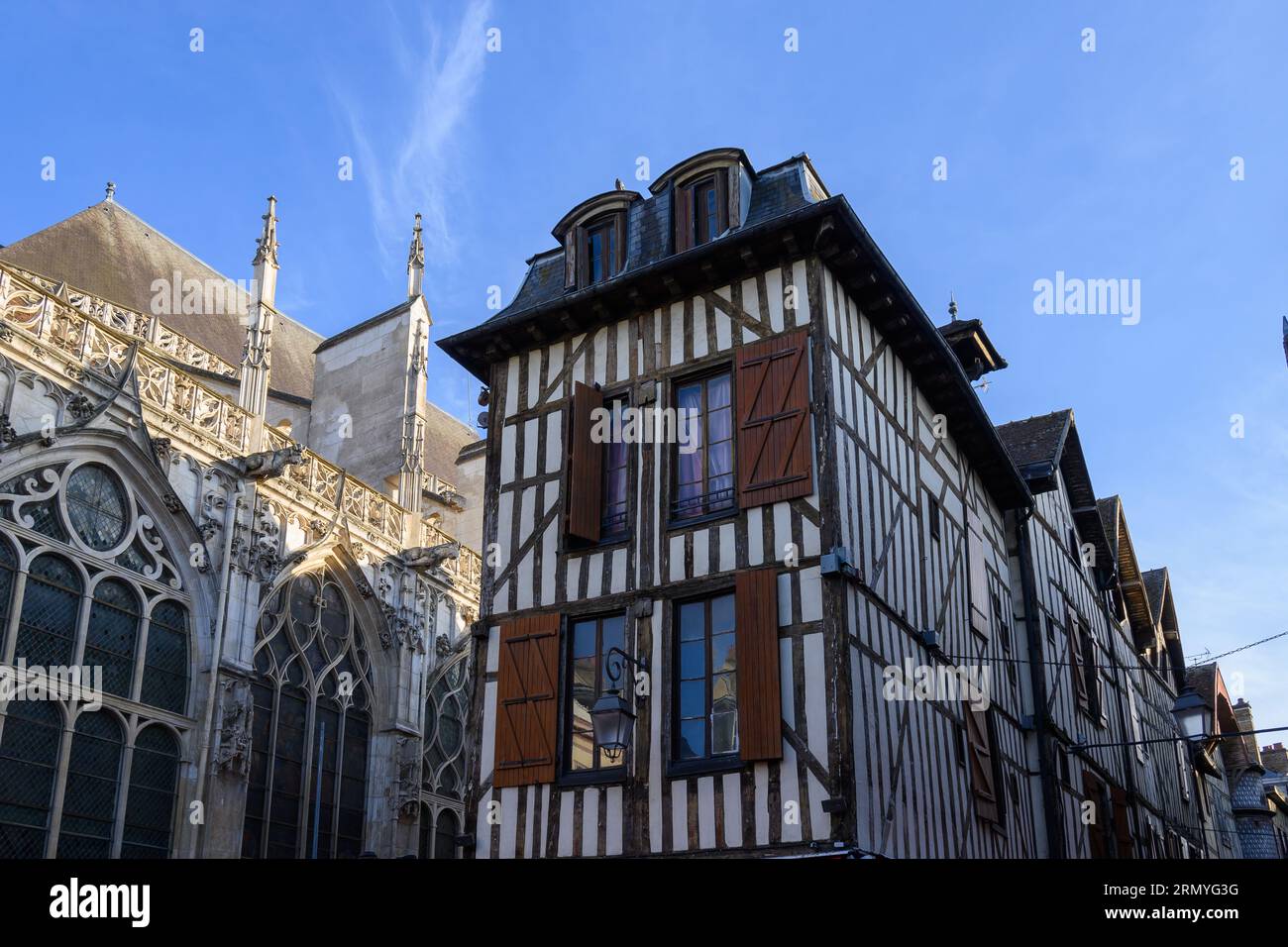 Medieval central part of Troyes old city with half-timbered houses and ...
