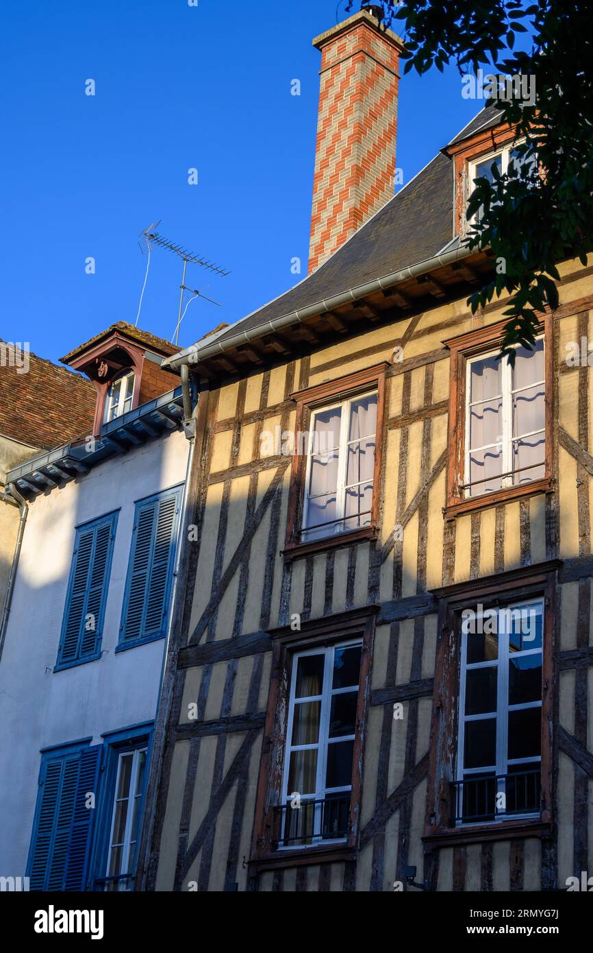 Medieval central part of Troyes old city with half-timbered houses and ...