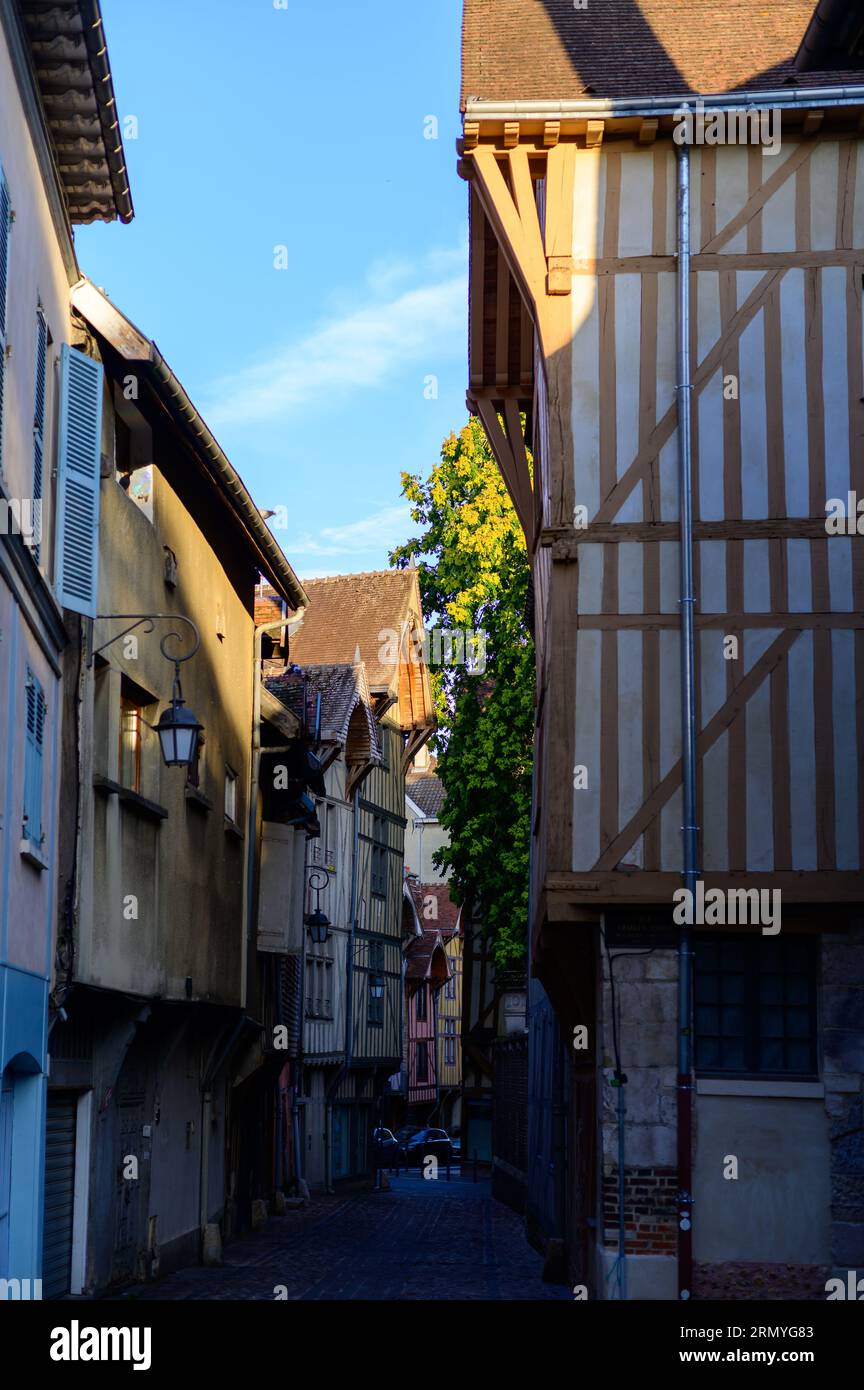 Medieval central part of Troyes old city with half-timbered houses and ...