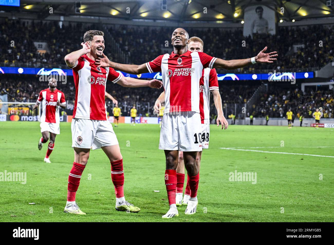 Athens, Greece. 30th Aug, 2023. Antwerp's Arbnor Muja, Antwerp's Michel ...