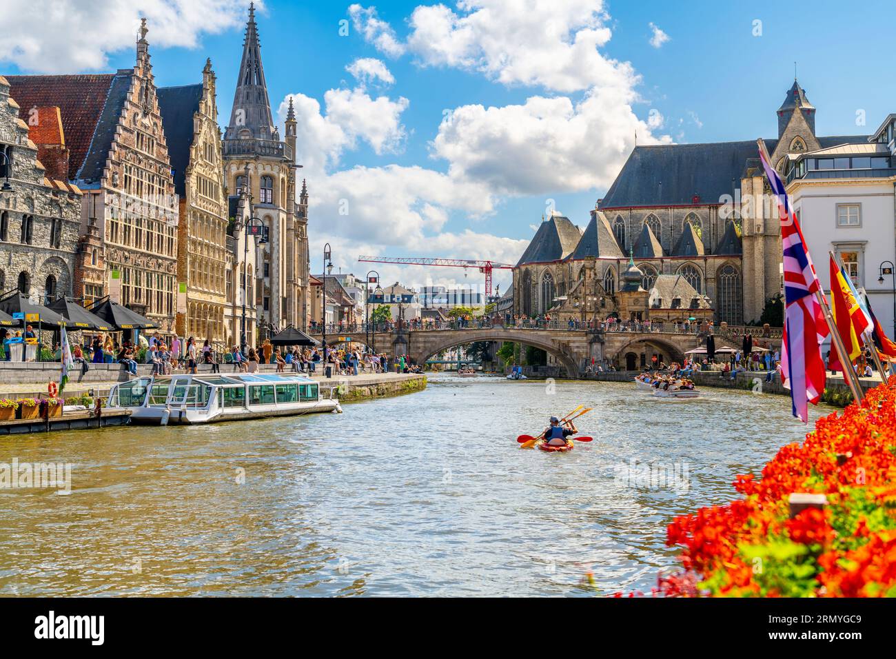 Summer's day view from the Graslei quay district along the Leie River ...