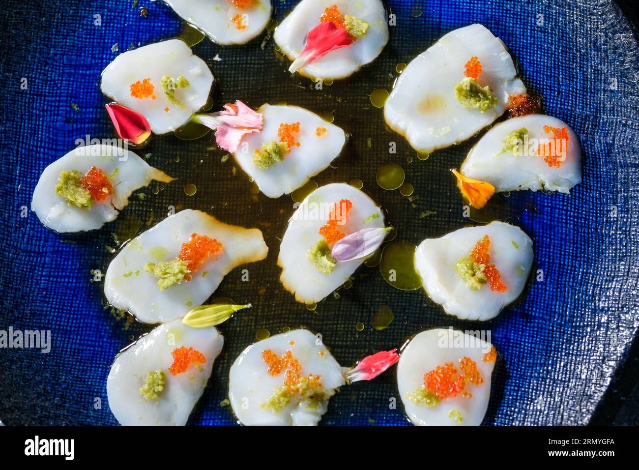 Top view of delicious white scallops with red caviar served on blue ...