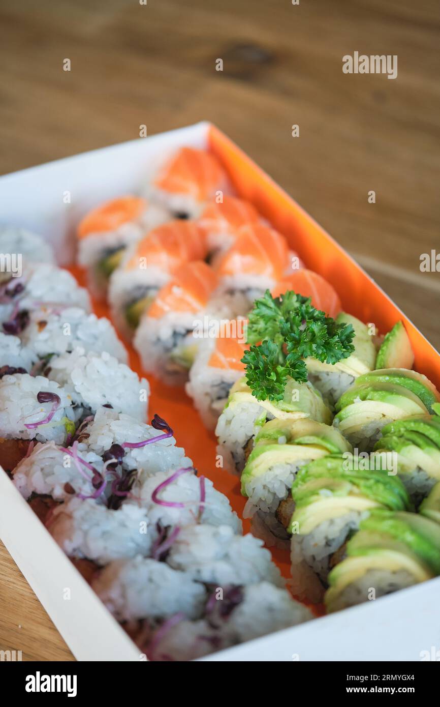 Stock photo of varied sushi box ready to deliver in japanese restaurant ...