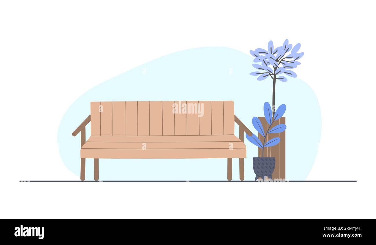 Flat cartoon outdoor bench isolated with flowerpots beside. Simple ...
