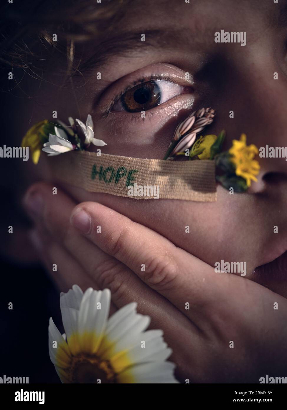 Half of face of peaceful boy with flowers on cheek and plaster with ...