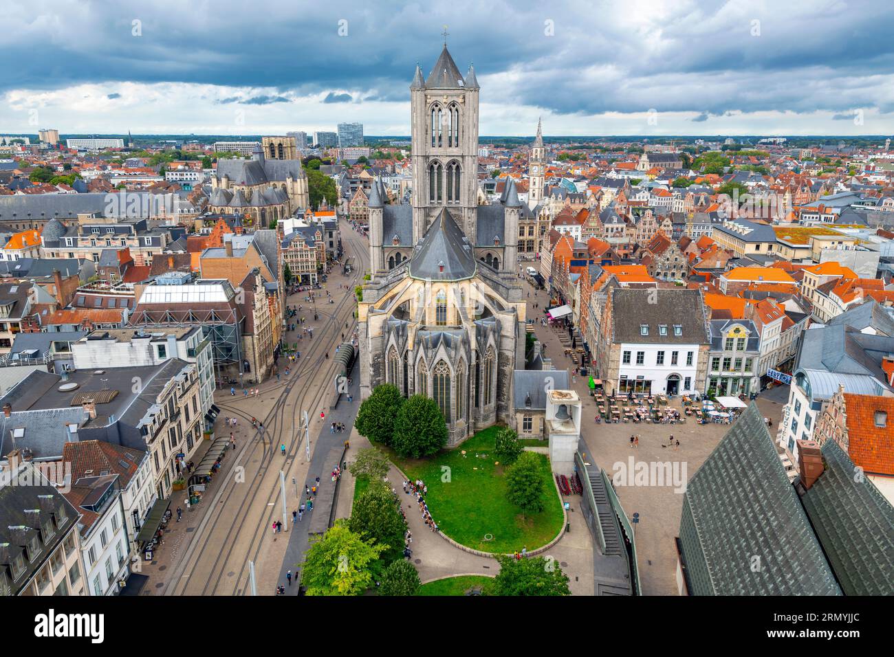 View from the Ghent Belfry of the 13th century medieval Saint Nicholas ...