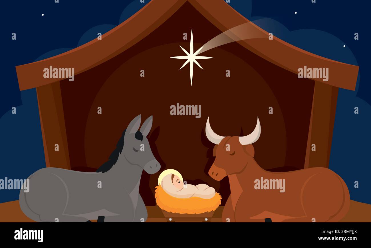 Christmas manger with two animals and baby jesus christ character ...