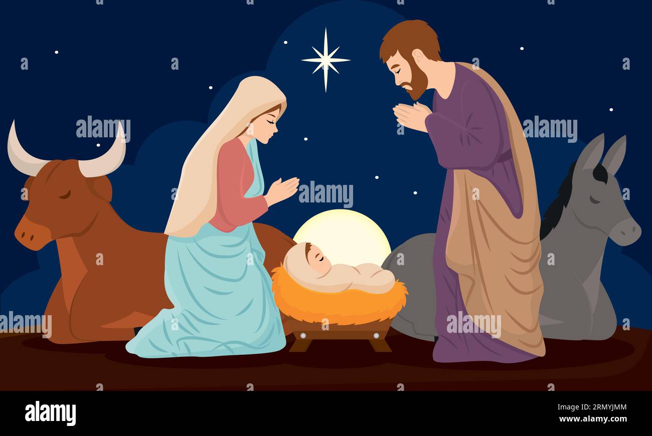 Christmas manger with joseph mary and jesus christ characters Vector ...