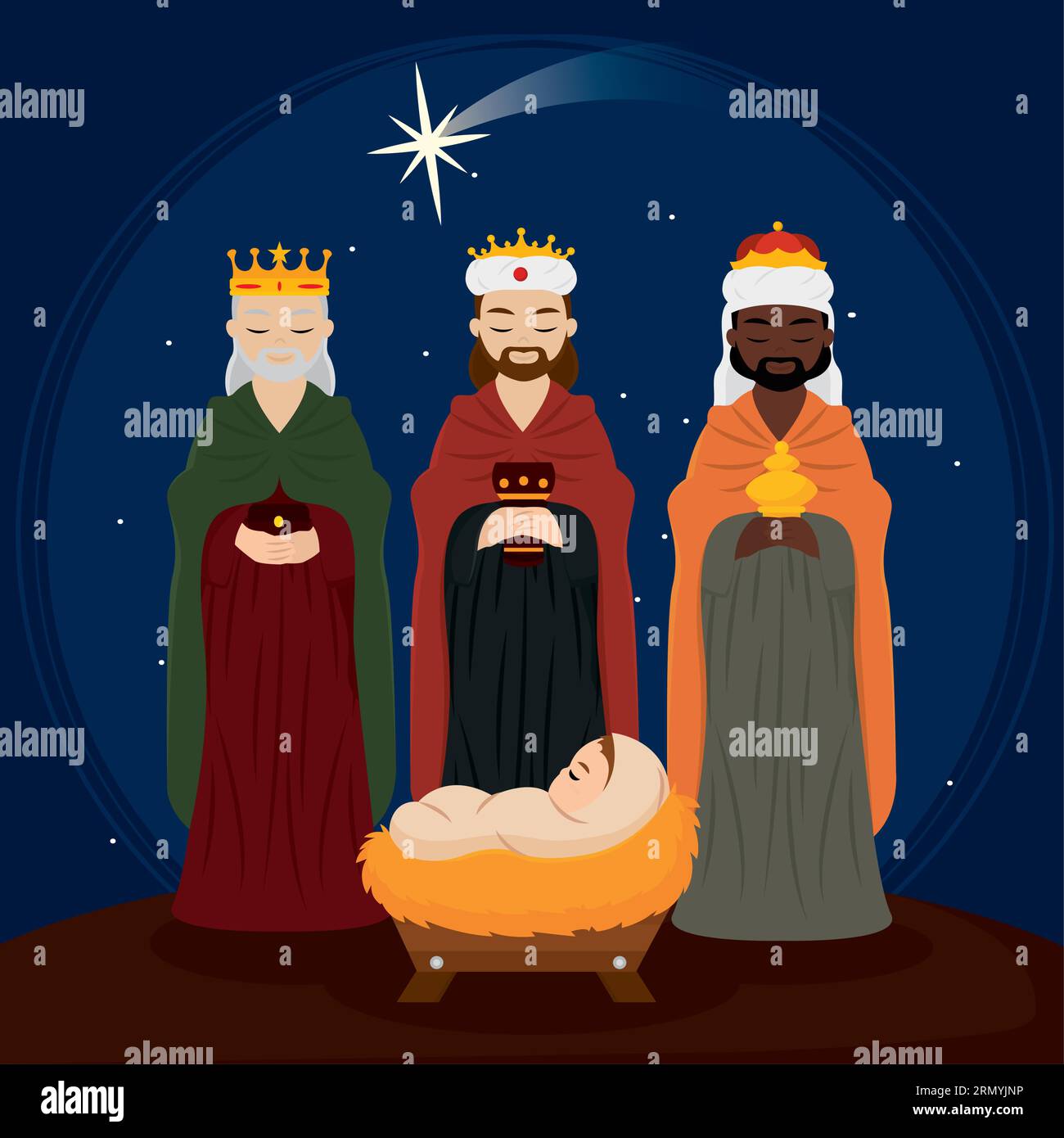 Christmas manger with three wises and jesus christ characters Vector ...