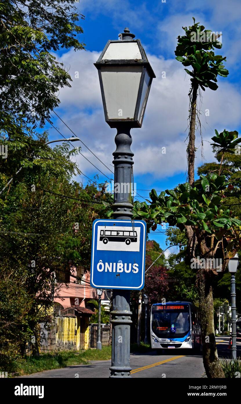PETROPOLIS, RIO DE JANEIRO, BRAZIL - May 26, 2023: Bus stop sign on ...
