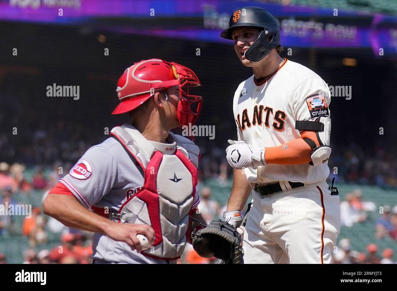San Francisco Giants' Casey Schmitt, right, reacts after striking out ...