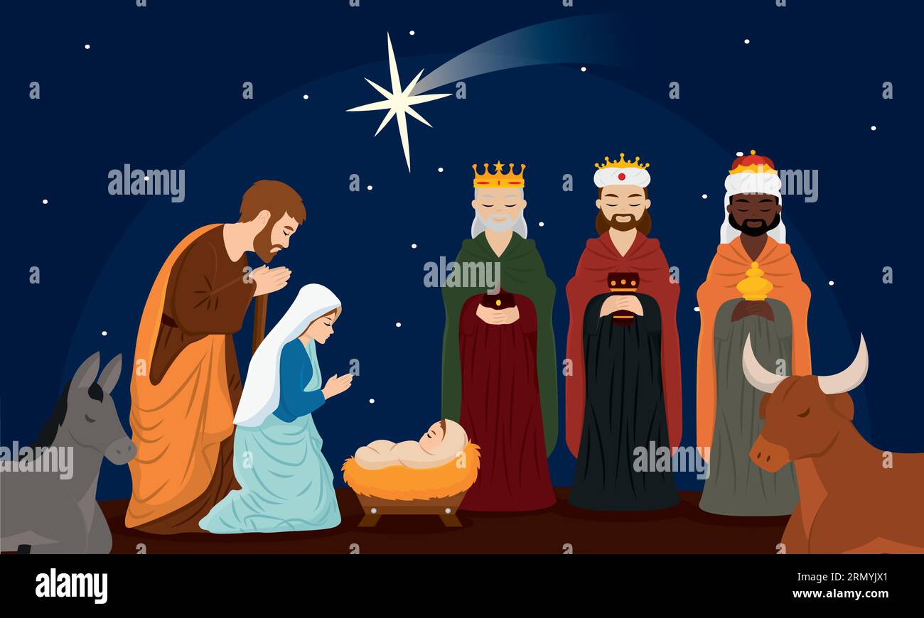 Christmas manger with joseph mary jesus christ and three wises ...