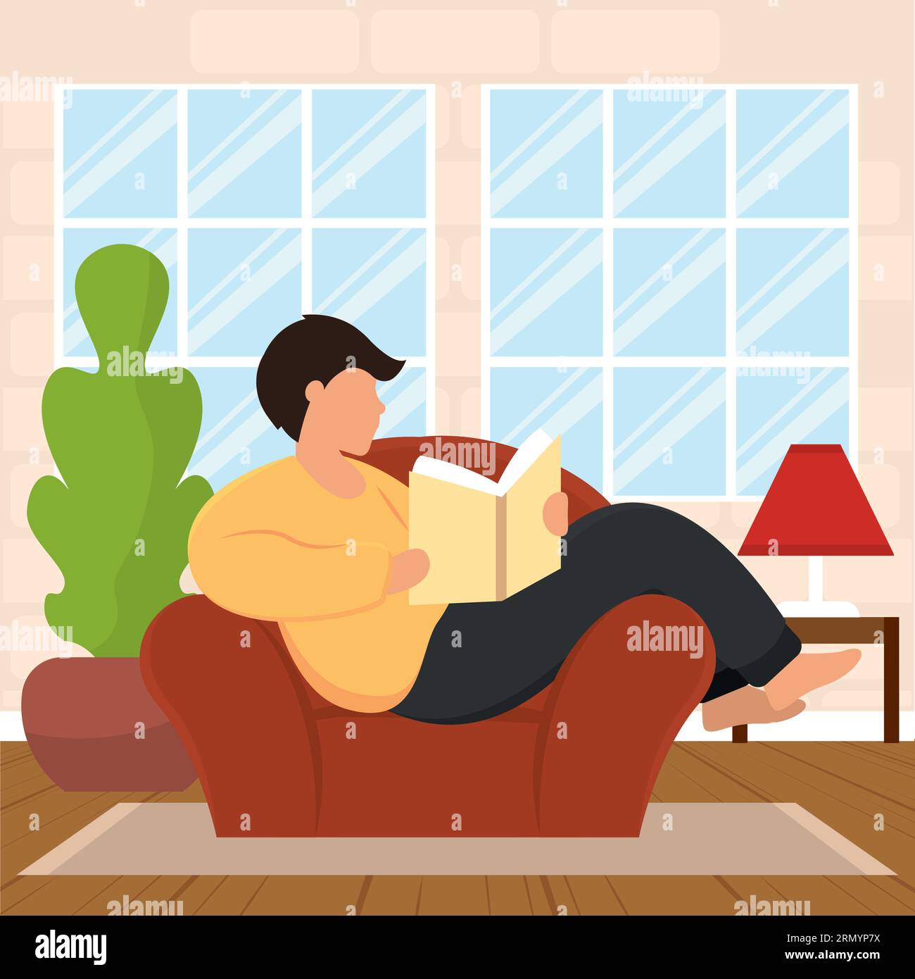Handsome boy reading a book on a sofa Hygge lifestyle Vector Stock ...