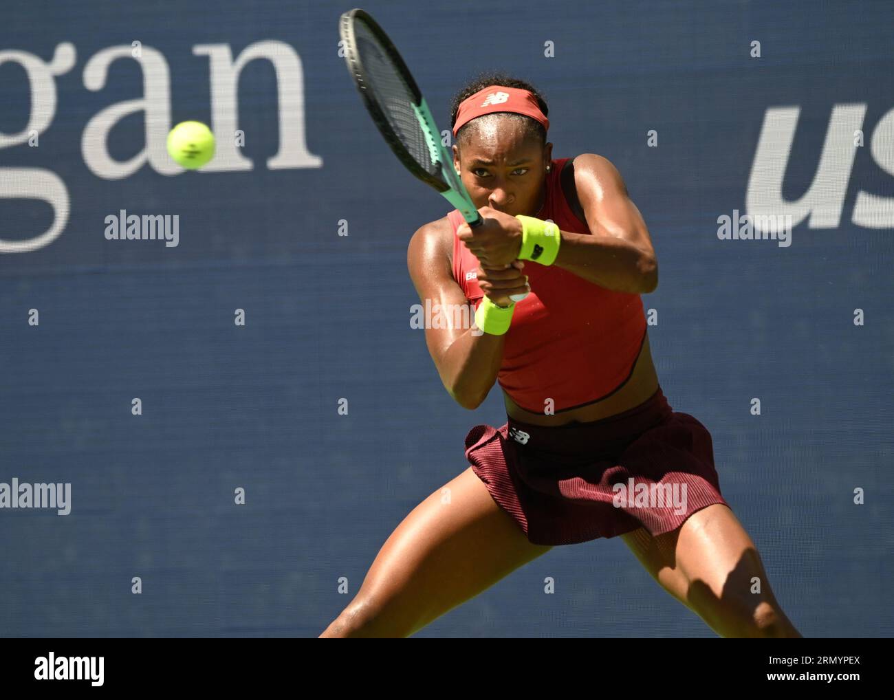 New York, USA. 30th Aug, 2023. Coco Gauff (U.S.) in second round US Open action against Mirra ...