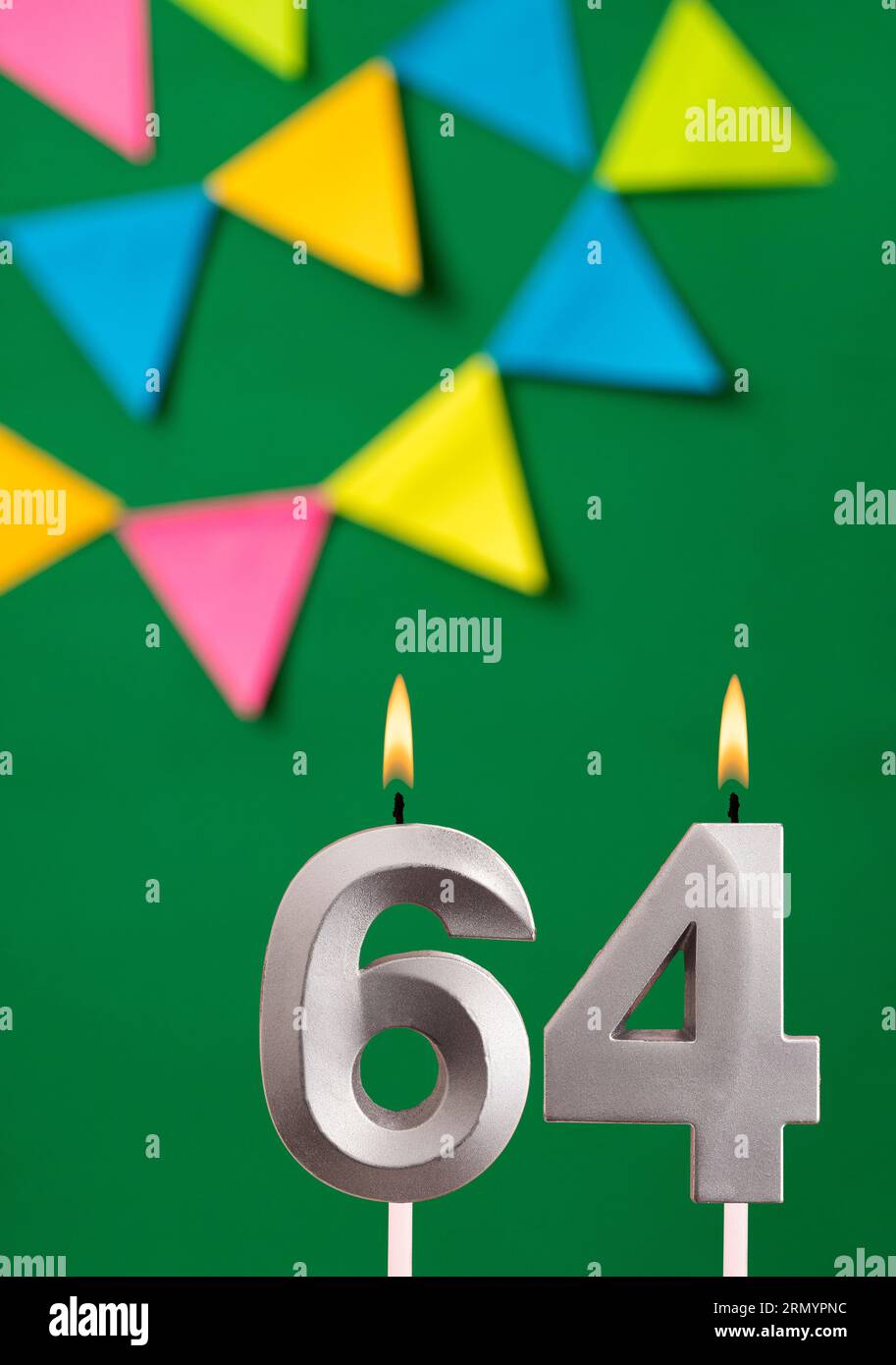 Vertical birthday card with number 64 candle - Green background with ...