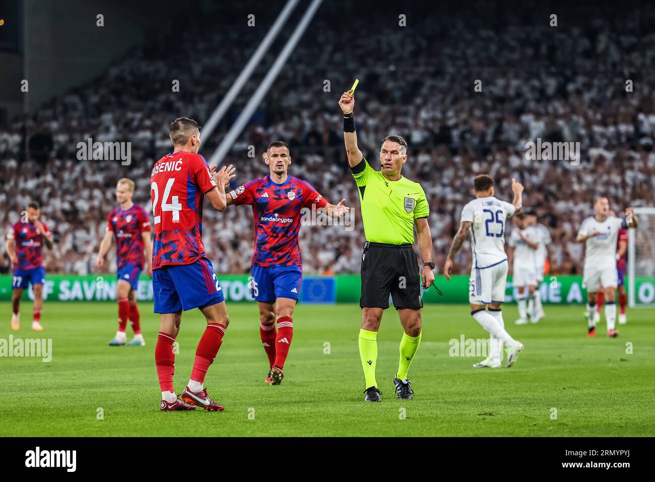 Copenhagen, Denmark. 30th Aug, 2023. Referee Istvan Kovacs books Zoran Arsenic (24) of Rakow ...