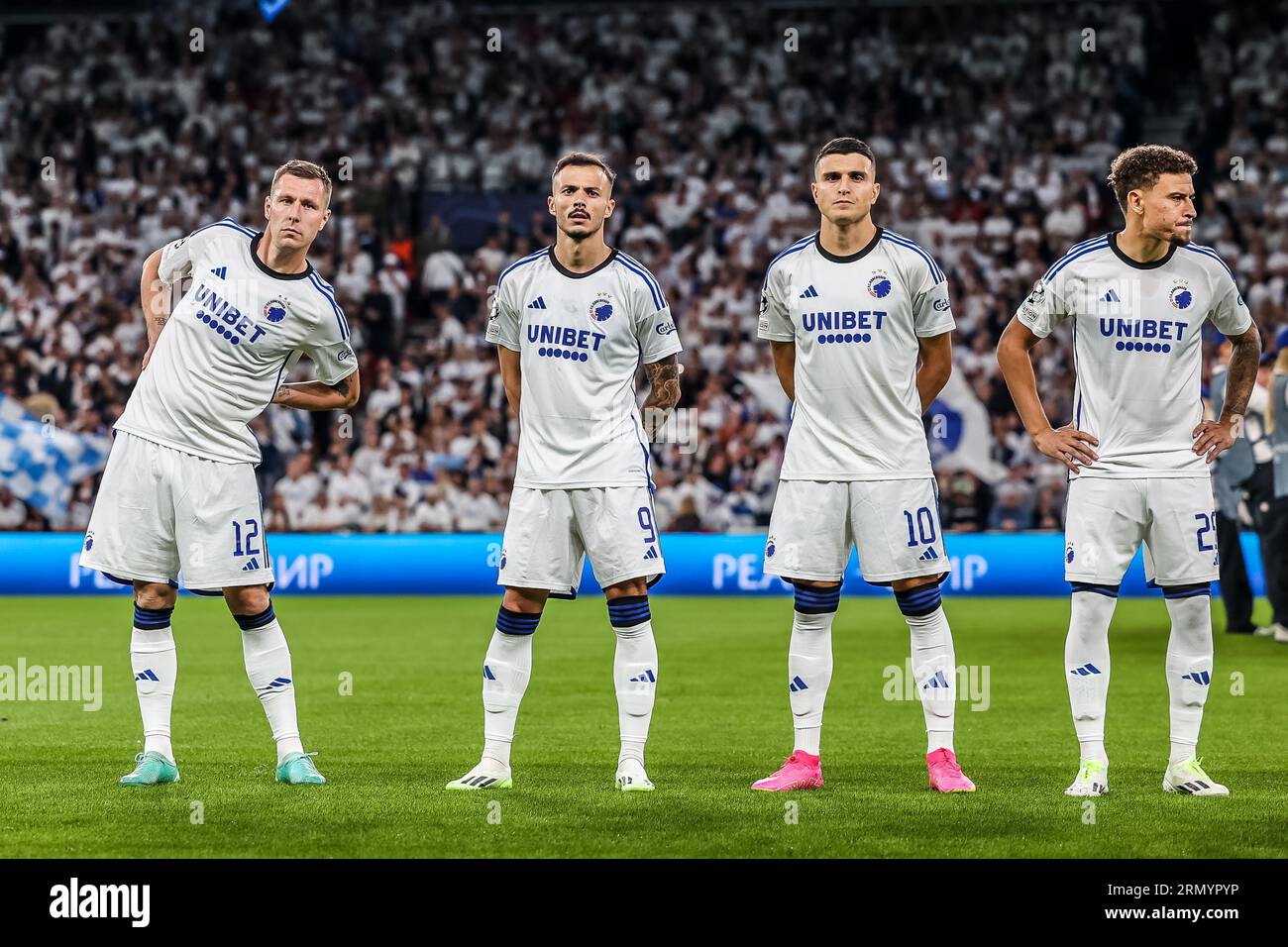 Copenhagen, Denmark. 30th Aug, 2023. Lukas Lerager (12), Diogo Goncalves (9), Mohamed ...