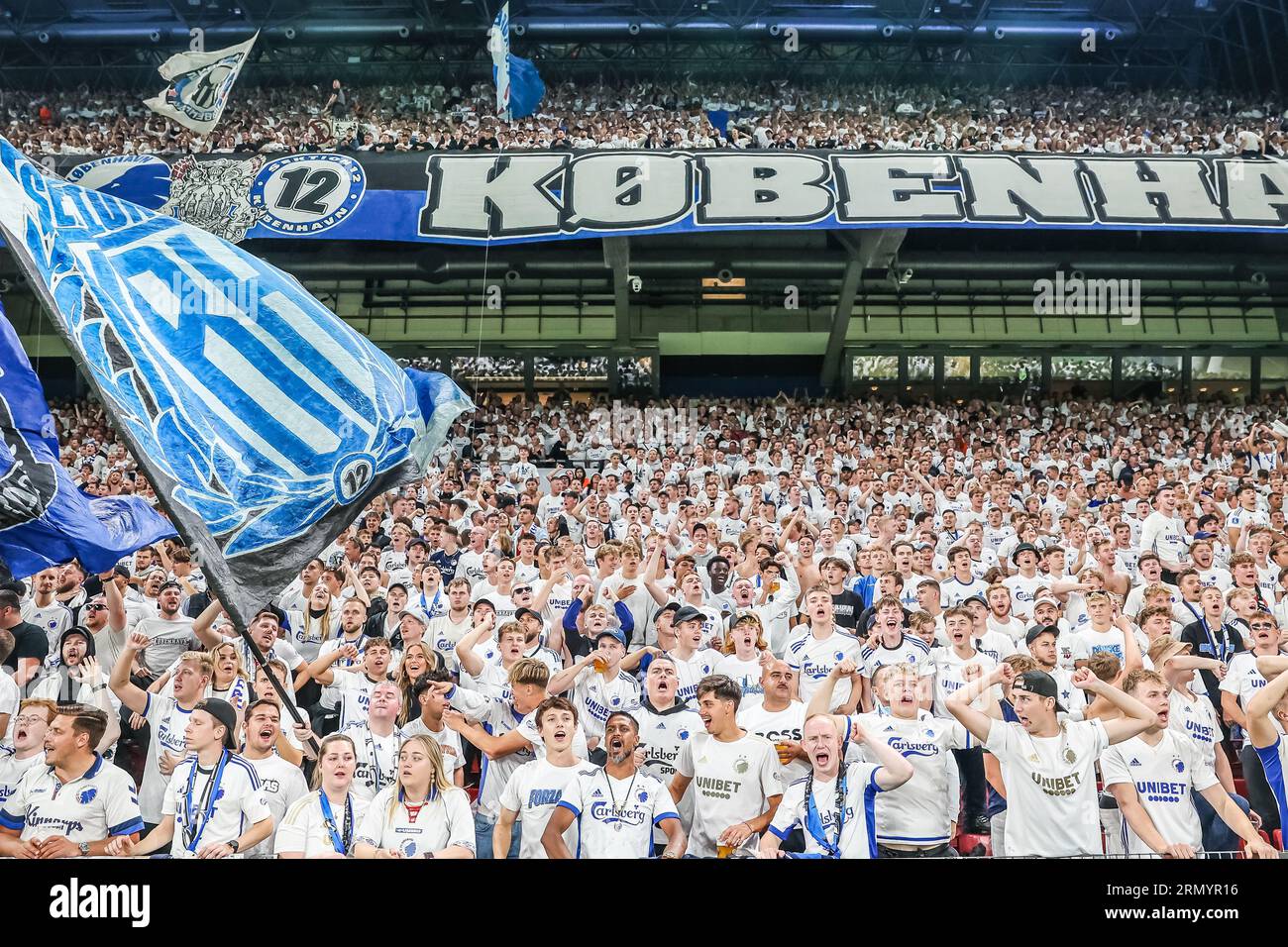 Copenhagen, Denmark. 30th Aug, 2023. Football fans of FC Copenhagen seen on the stands during ...