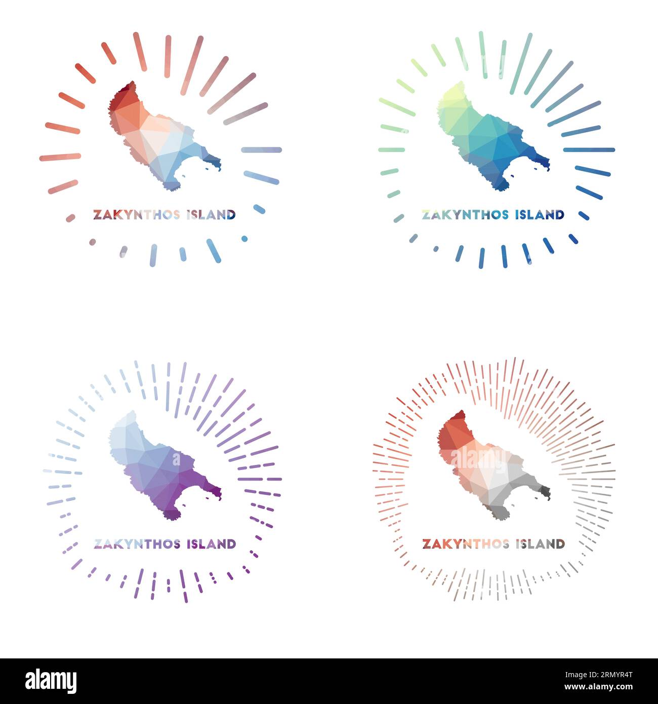 Zakynthos Island low poly sunburst set. Logo of island in geometric ...