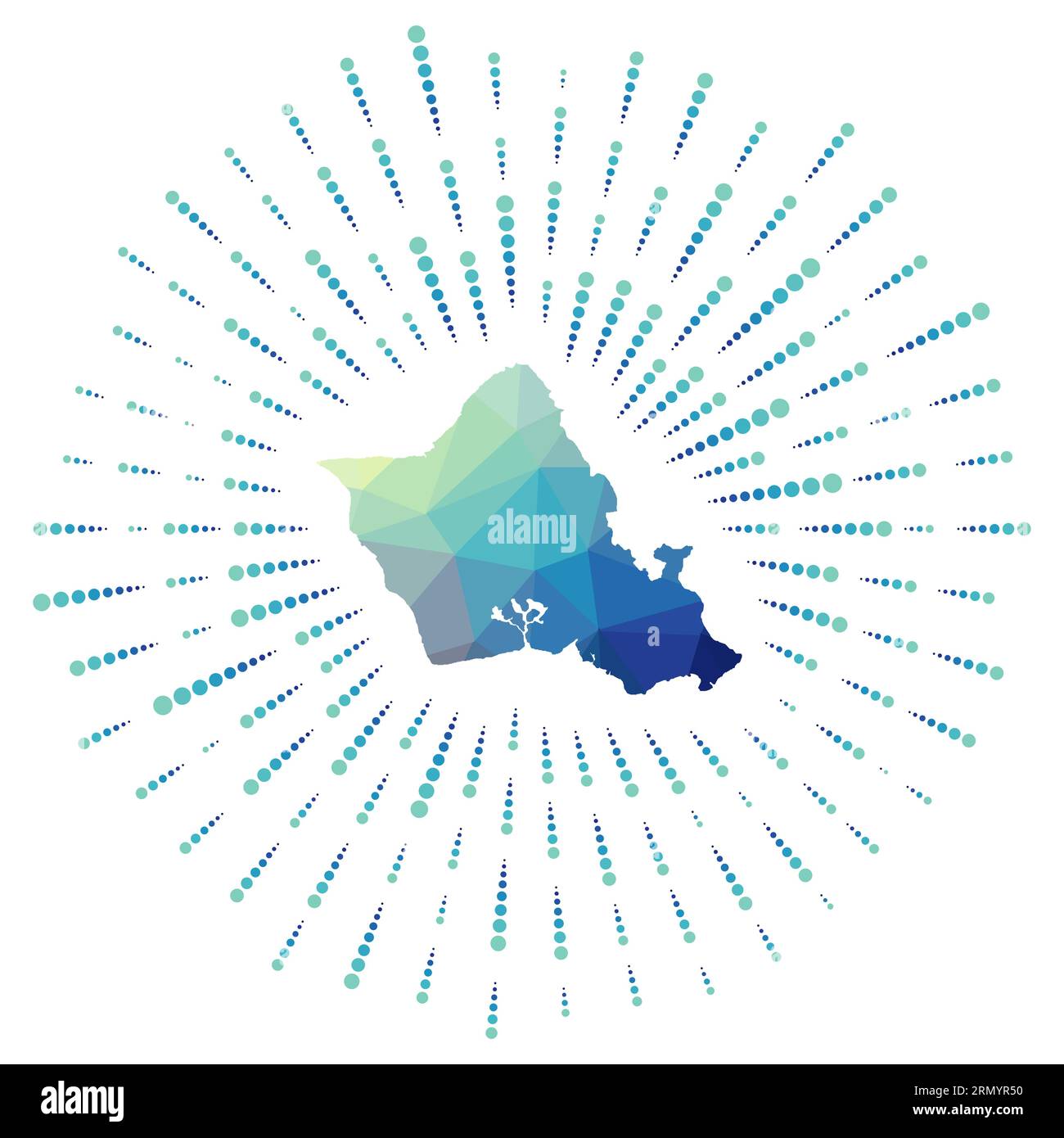 Shape of Oahu, polygonal sunburst. Map of the island with colorful star ...