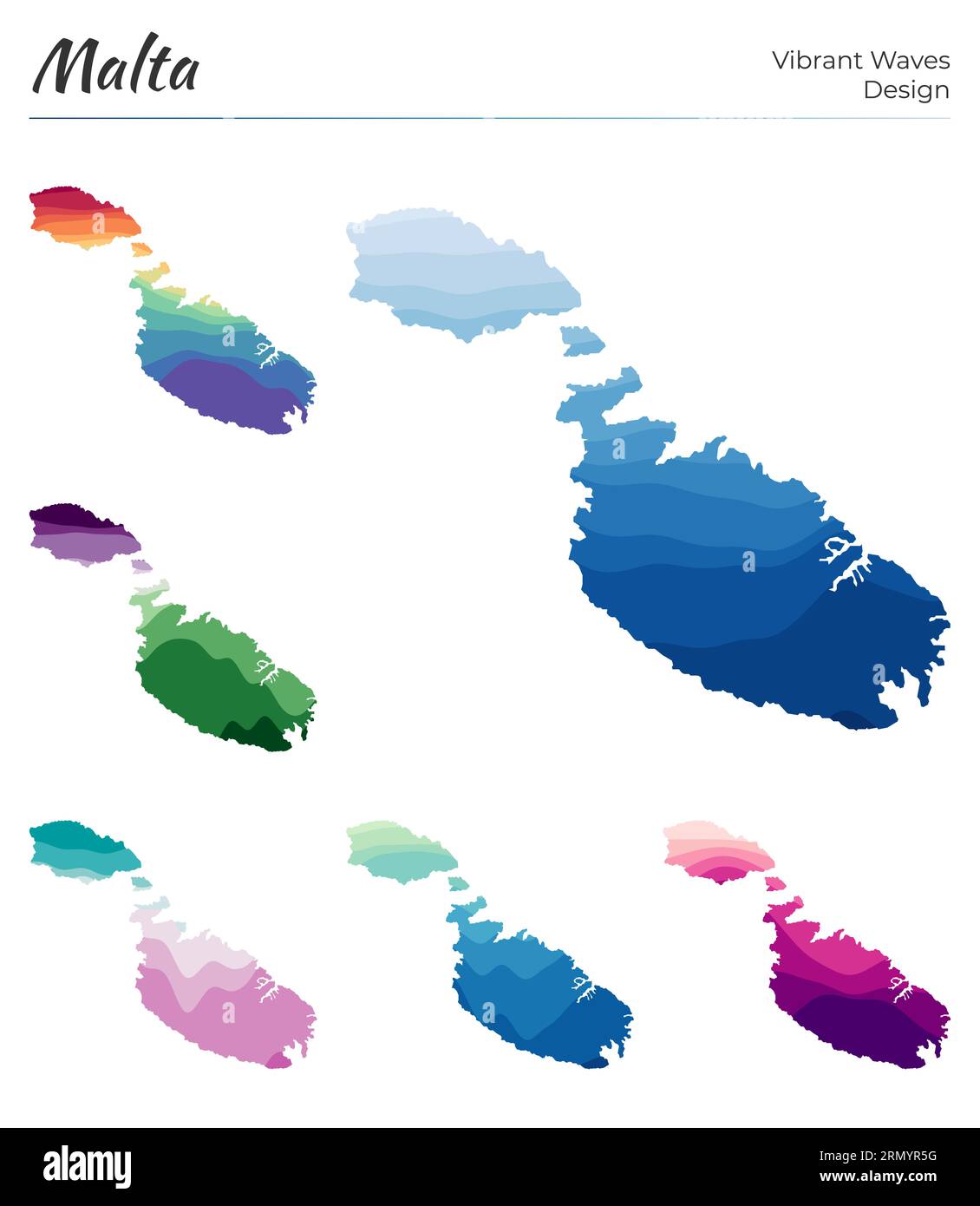 Set of vector maps of Malta. Vibrant waves design. Bright map of island in geometric smooth ...
