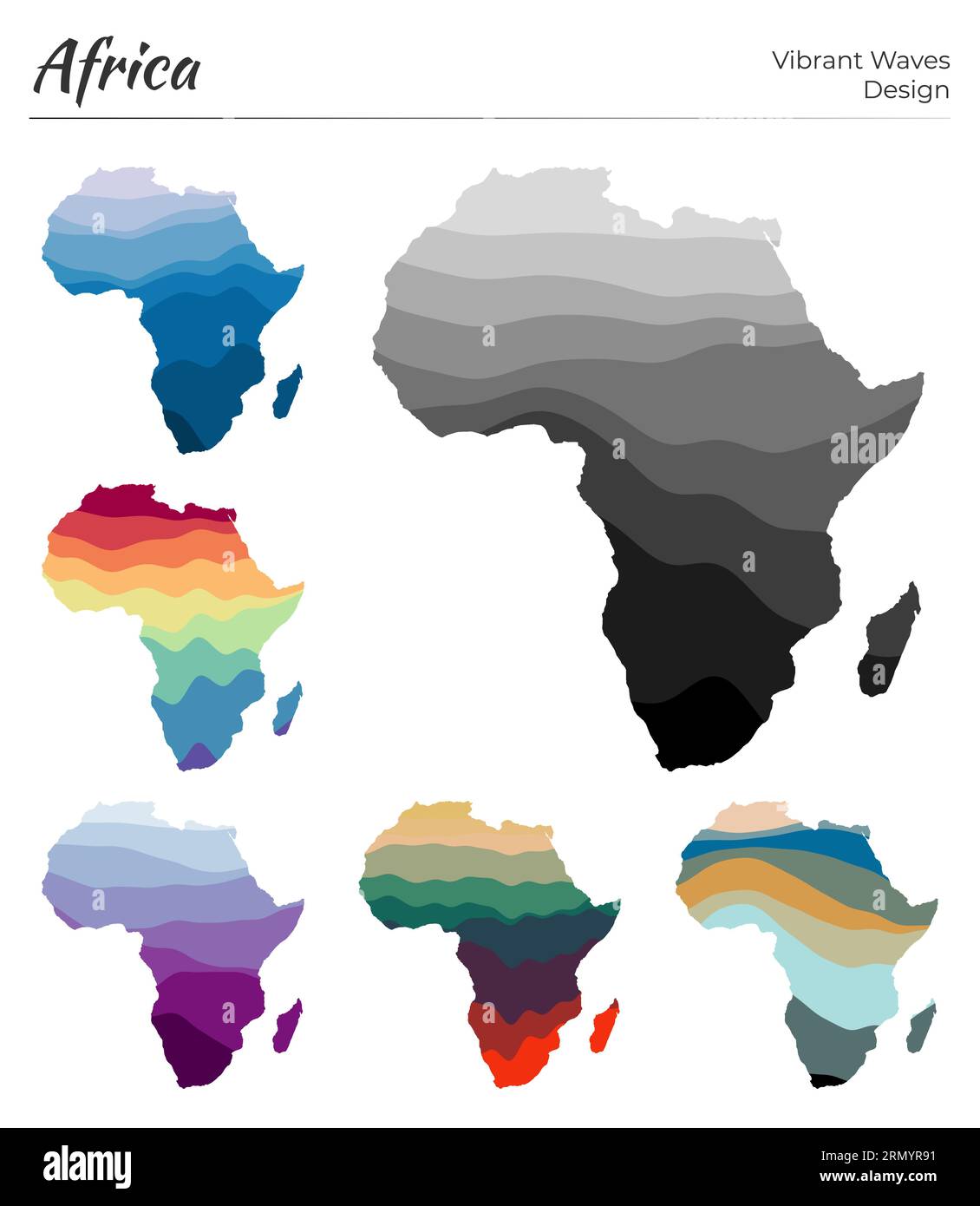 Set of vector maps of Africa. Vibrant waves design. Bright map of continent in geometric smooth ...
