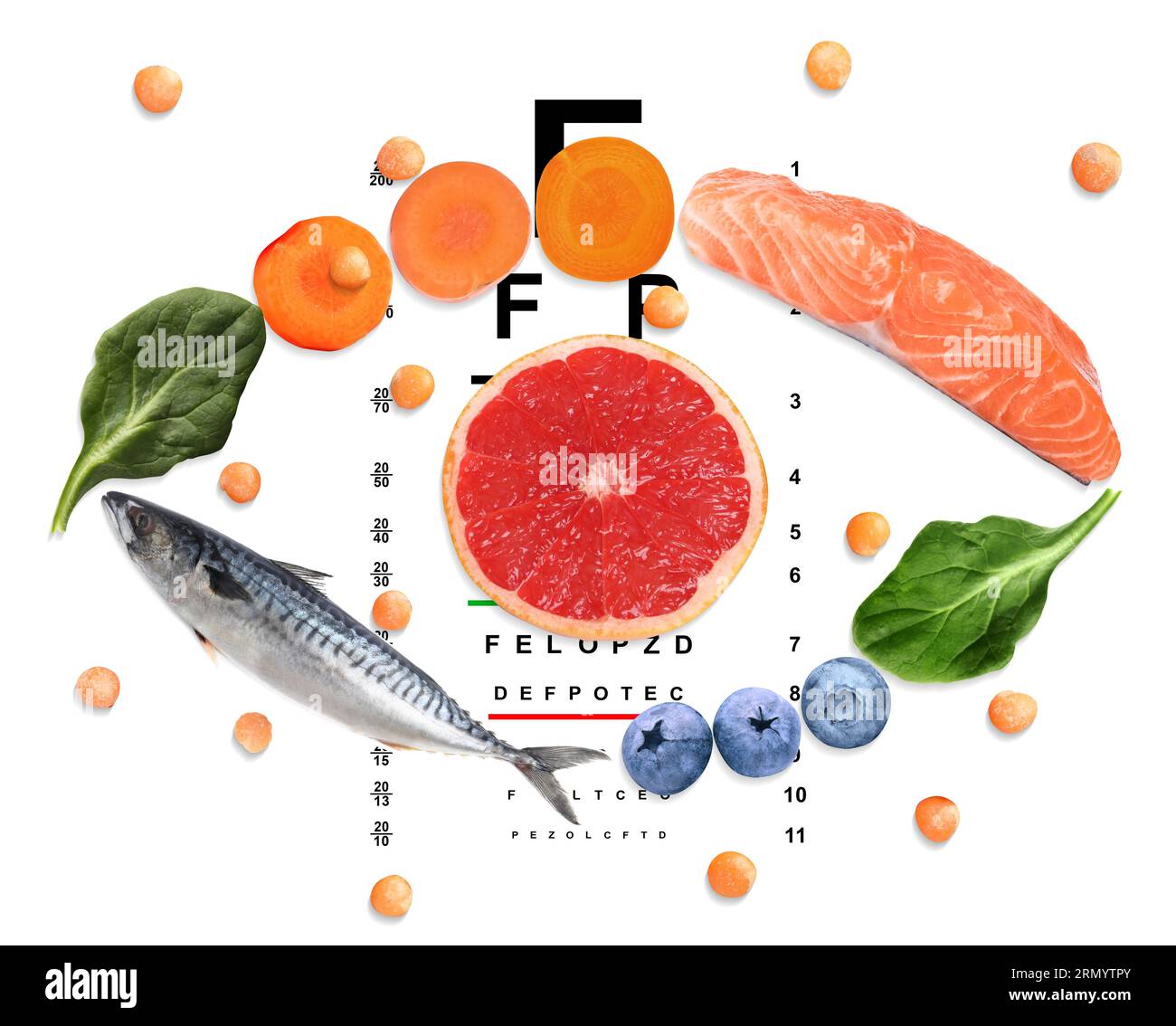 Shape of eye made of food products on vision test chart, top view Stock ...