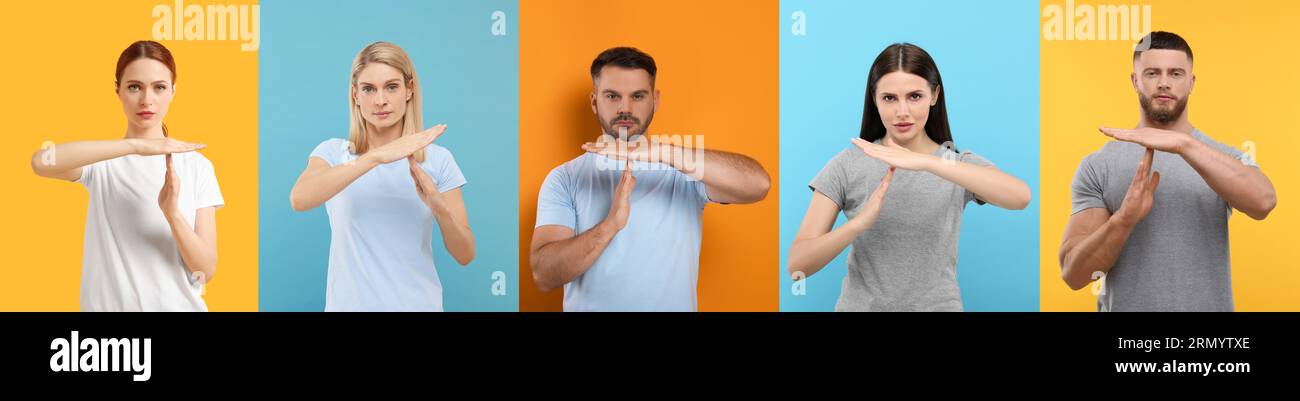 People showing time out gesture on different color backgrounds. Collage ...