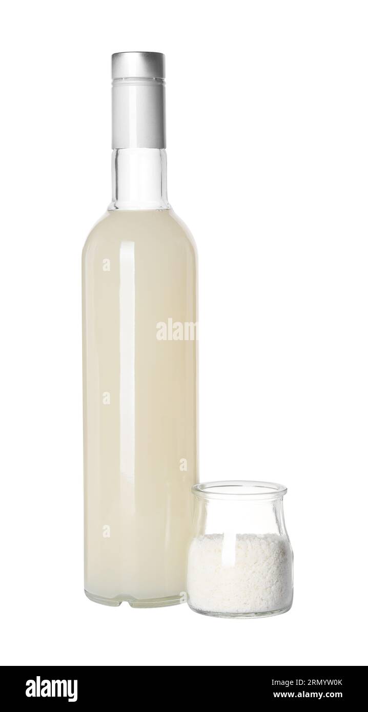 Delicious syrup for coffee and coconut flakes on white background Stock ...