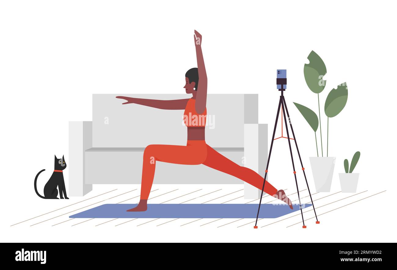 Pilates blogger recording new training. Online fitness exercise ...