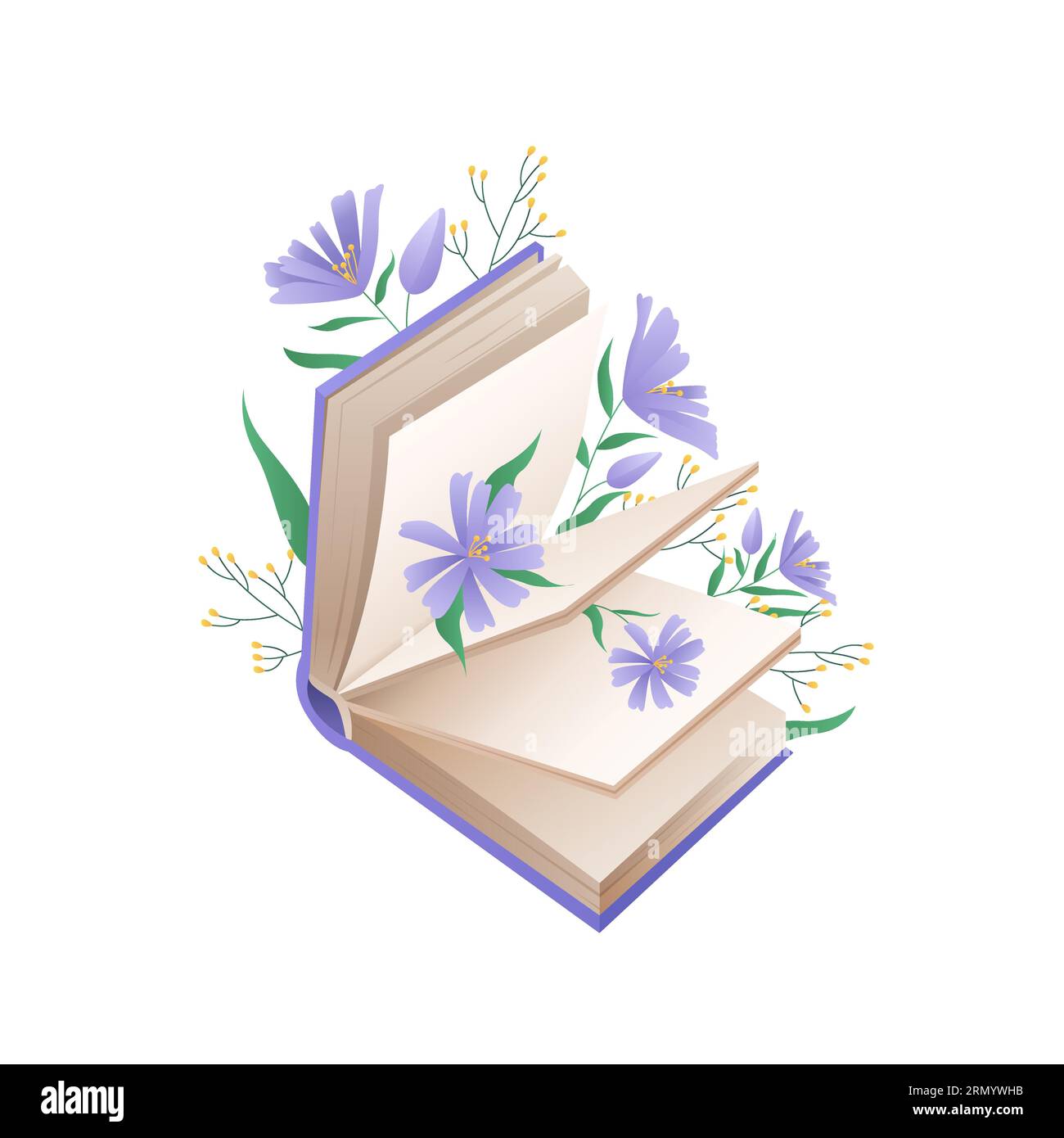 Open book with purple and yellow flowers. Blooming story book ...