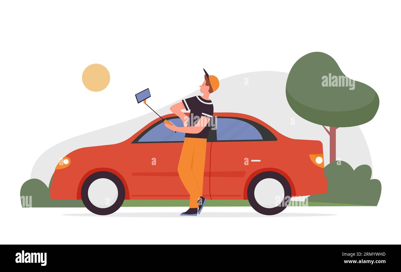 Male blogger showing his new car online. Social media influencer ...