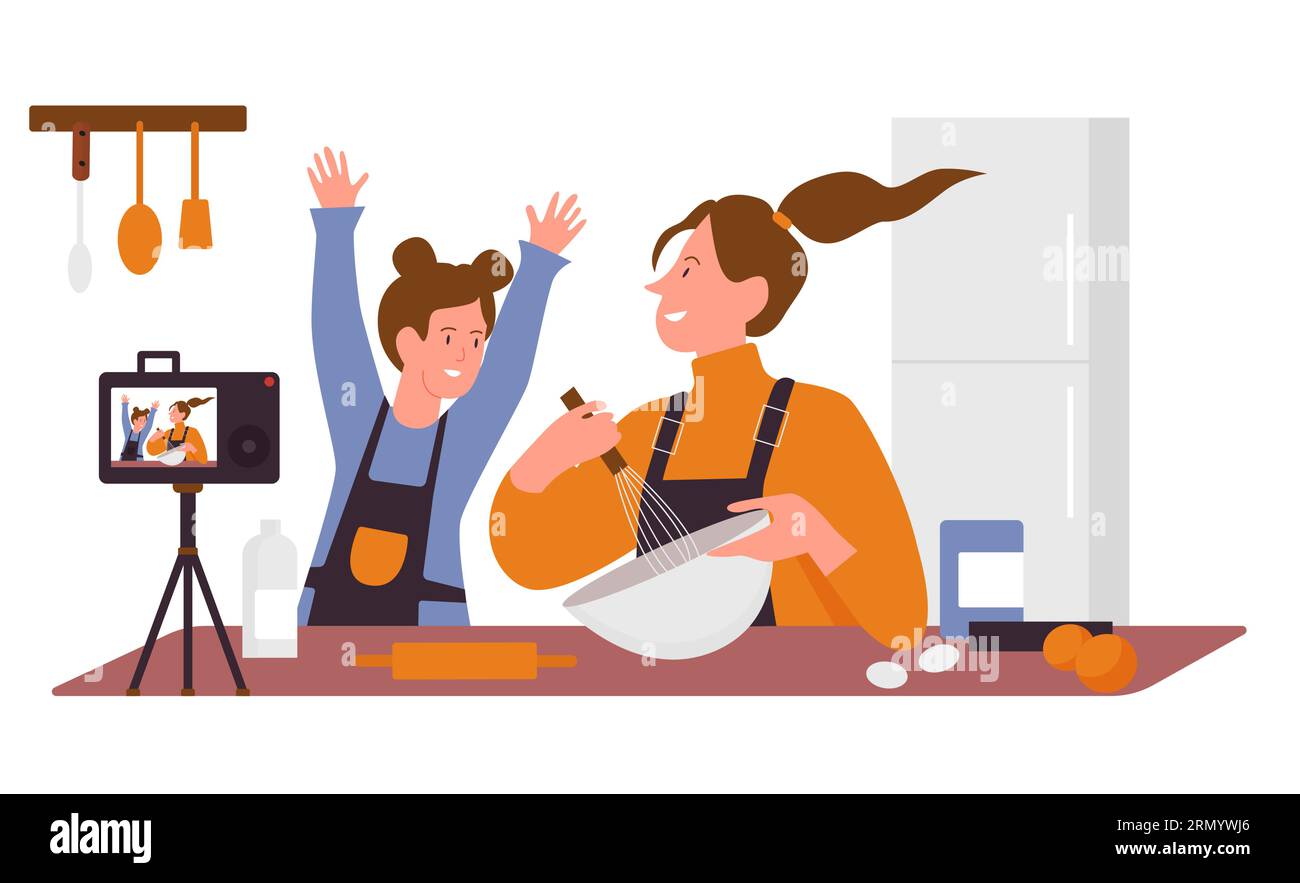 Culinary food blogger recording new video. Woman with daughter cooking ...