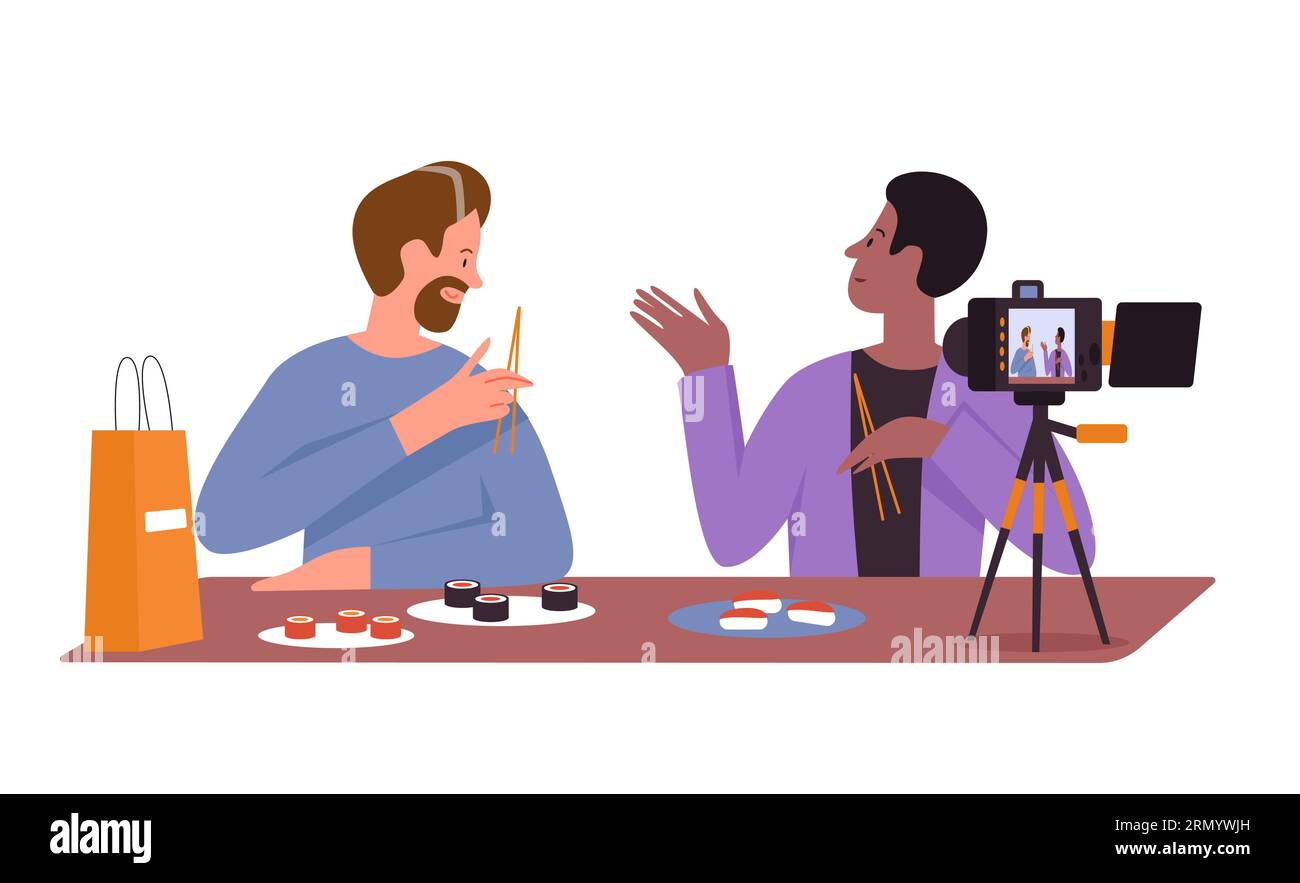 Bloggers eating sushi on live streaming. Social media influencer, food ...