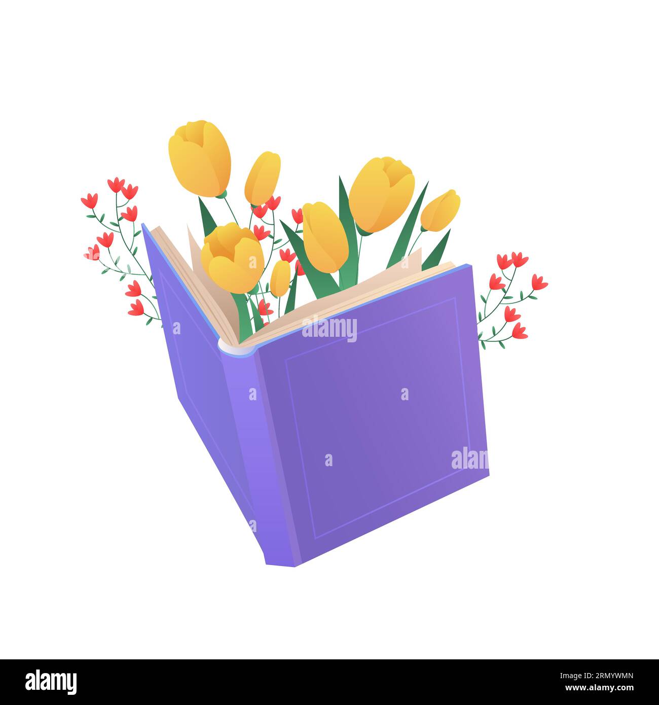 Open purple book with yellow tulips. Love for knowledge, literature and ...