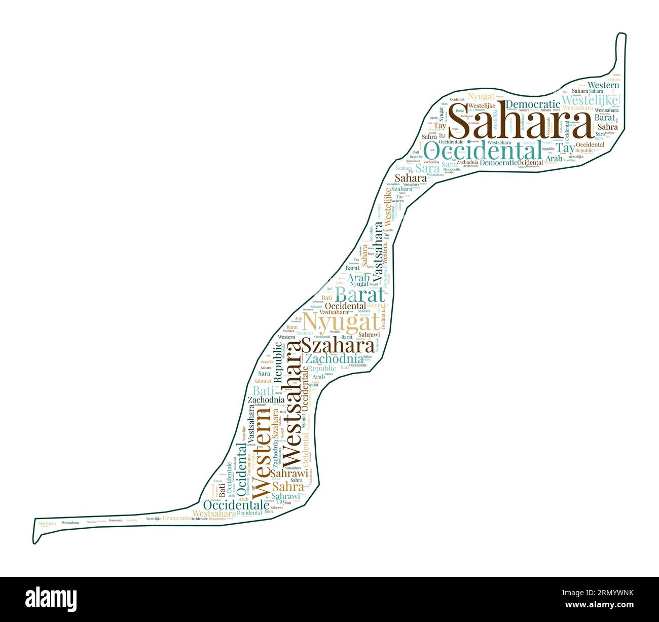 Western Sahara shape filled with country name in many languages ...