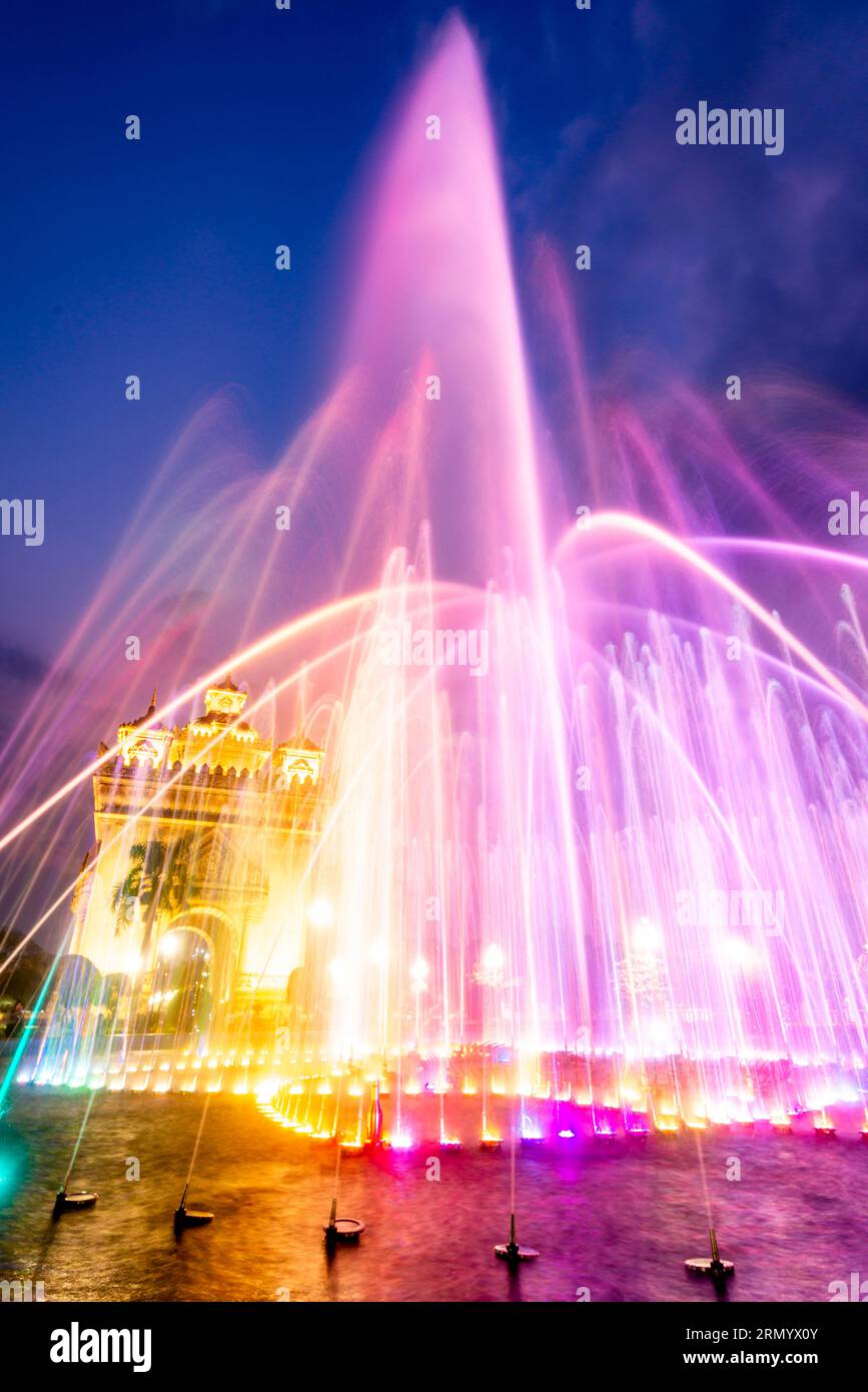 Beautiful,colorful light and fountain water display,synchronized with ...
