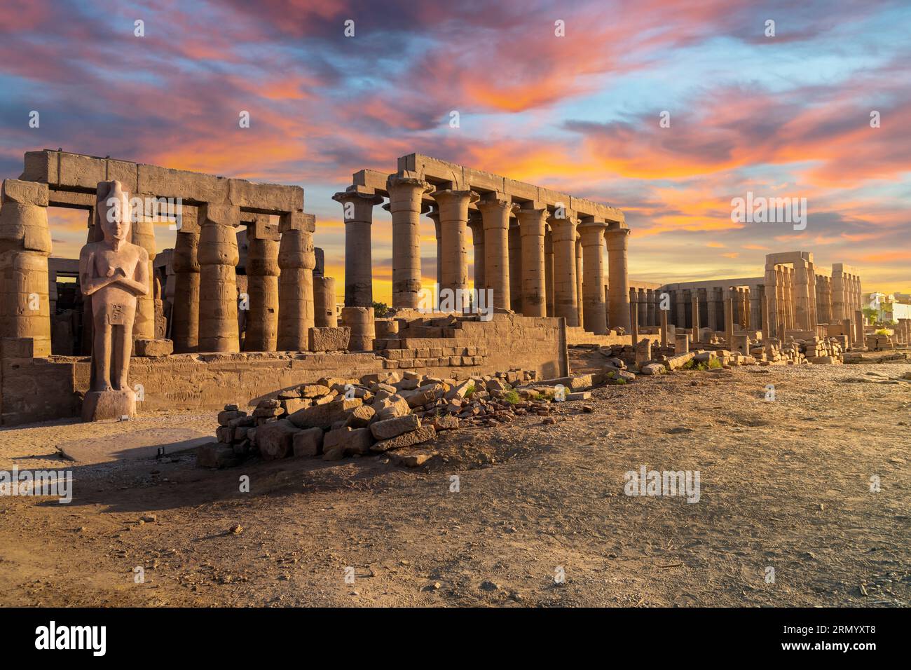 The ancient Karnak Temples along the River Nile under colorful evening ...