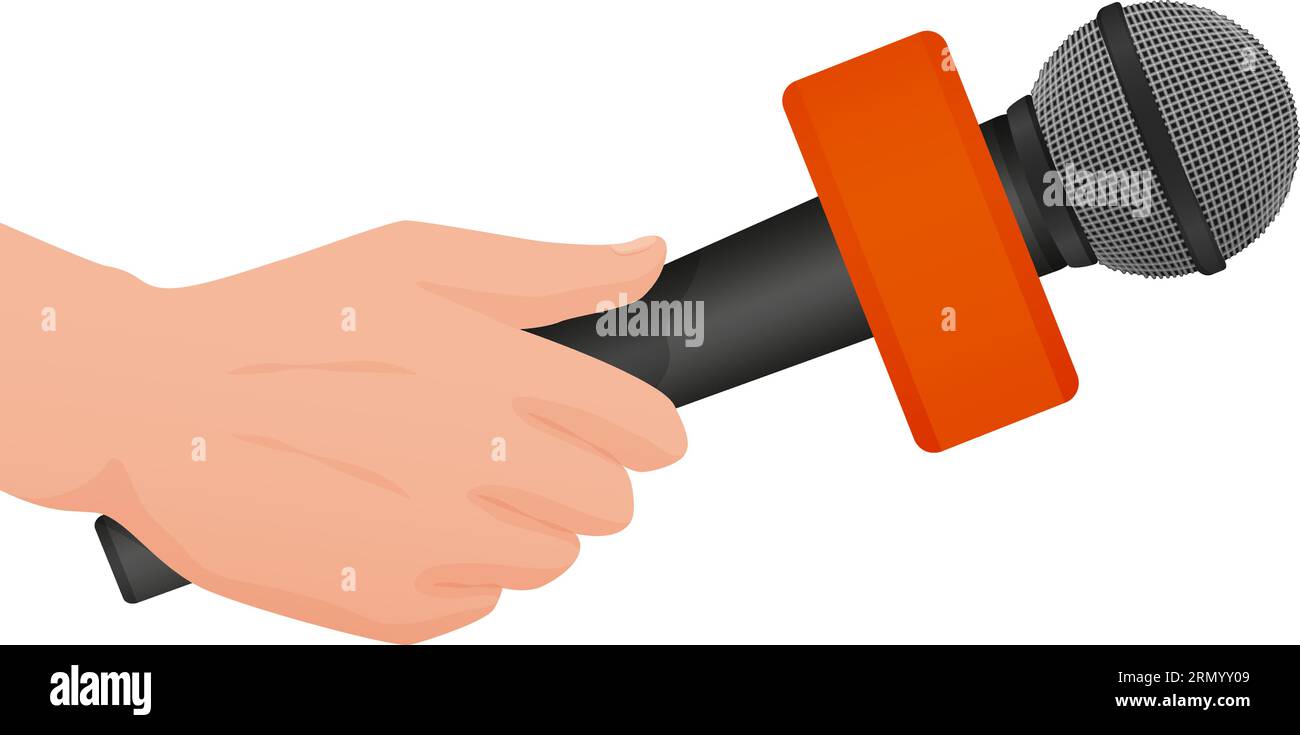 Hand with microphone. News reporter, journalist interview, press news ...