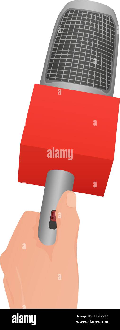 Television reporter microphone. News journalist interview, press reportage vector illustration ...