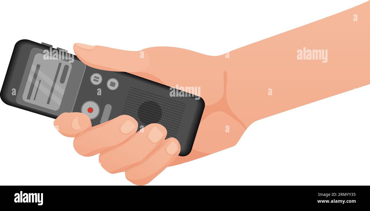 News recording microphone. Hand with recorder, journalist interview ...