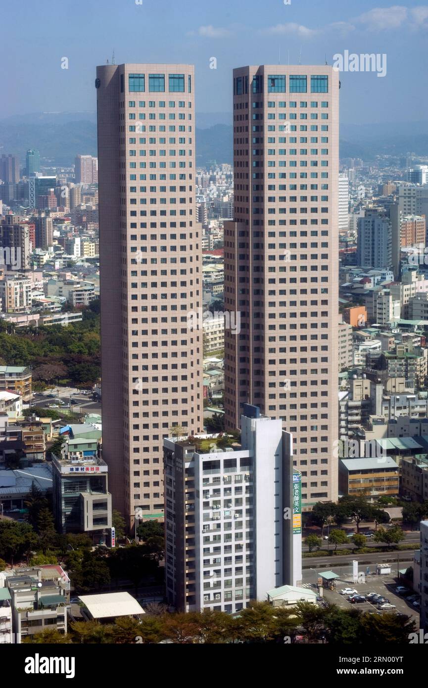 Large twin towers in the skyline of Taichung, the second largest city ...
