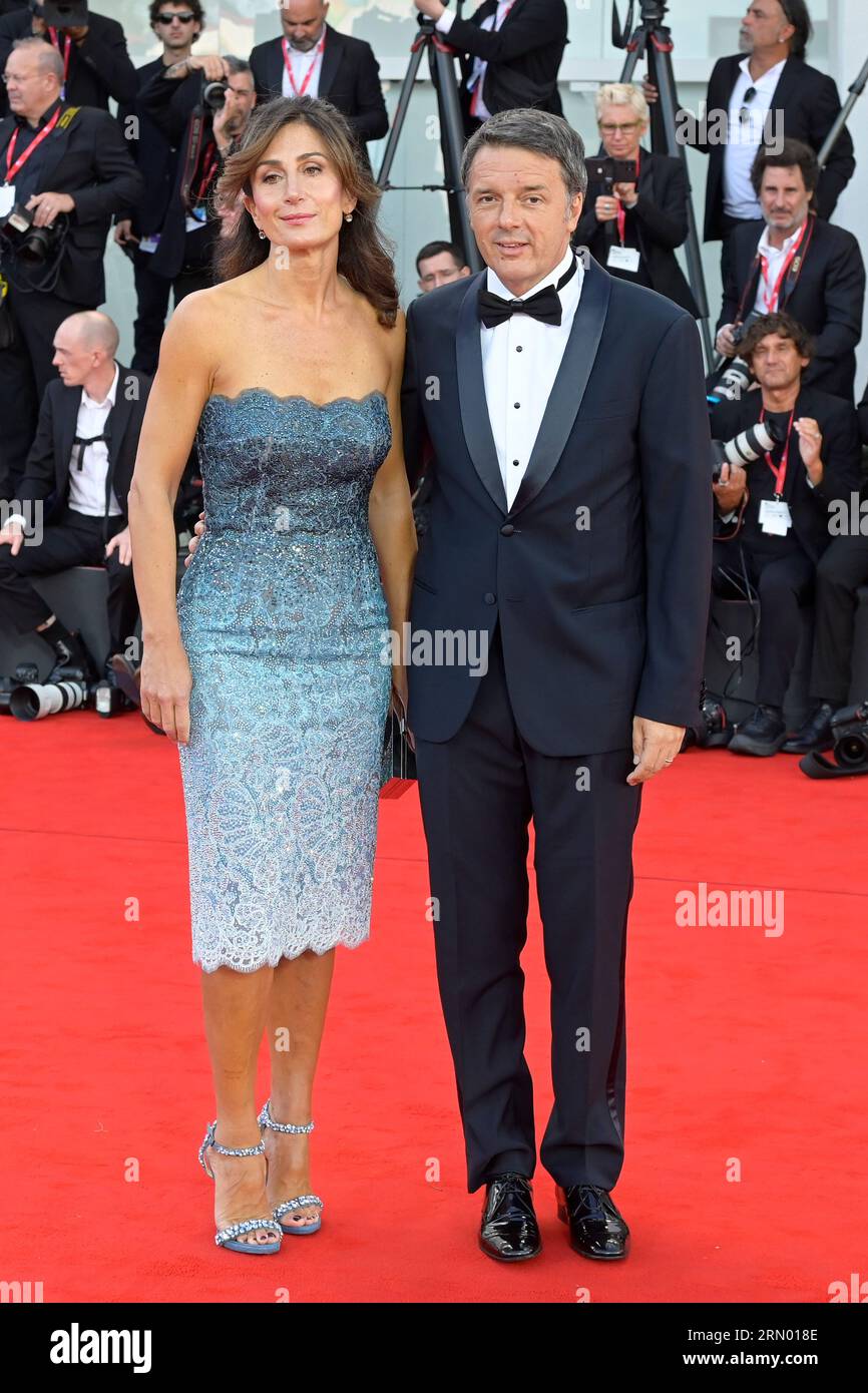 Venice Lido, Italy. 30th Aug, 2023. Agnese Landini (l) and Matteo Renzi ...