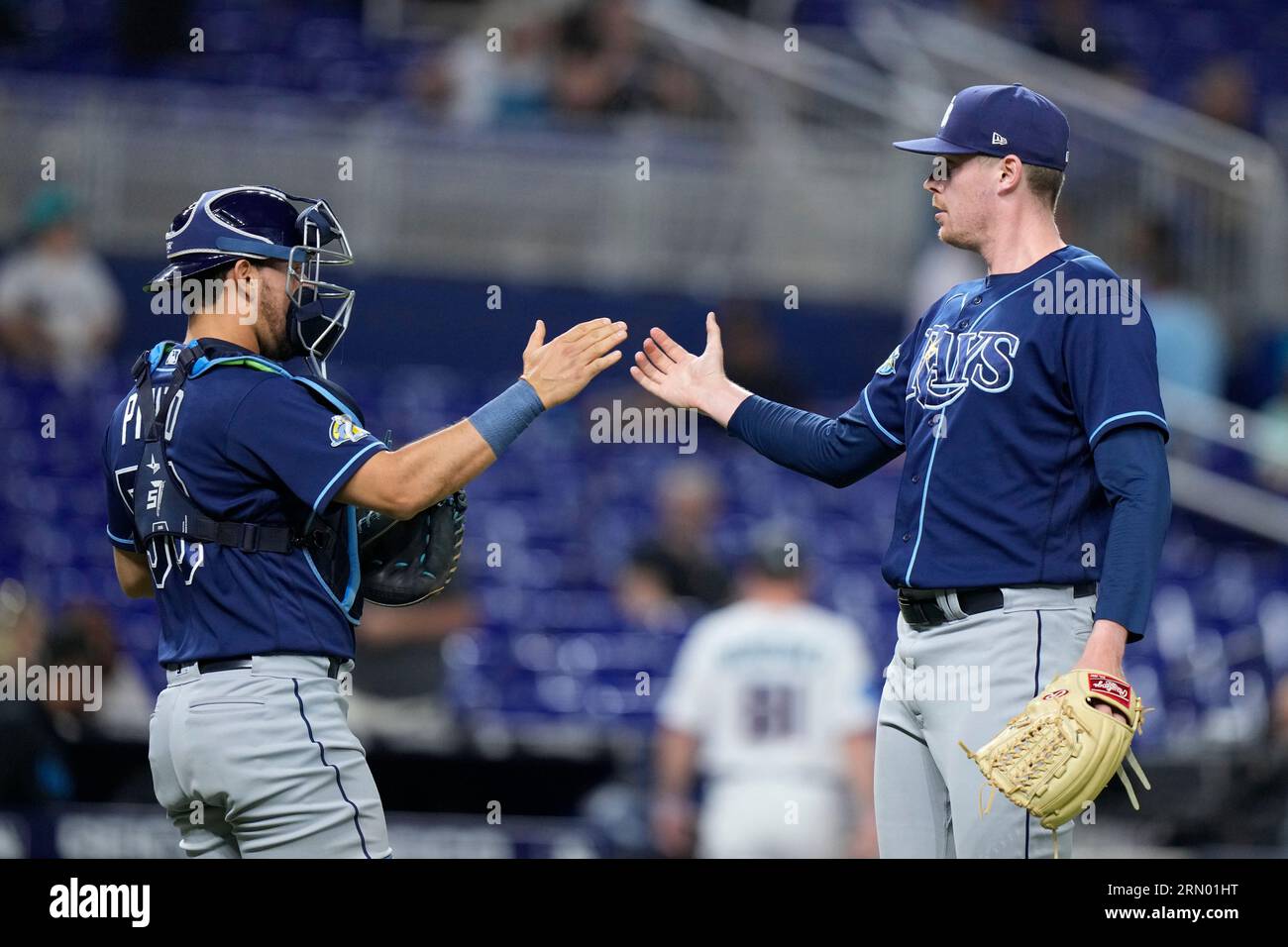 Tampa Bay Rays relief pitcher Pete Fairbanks, right, and catcher Rene ...