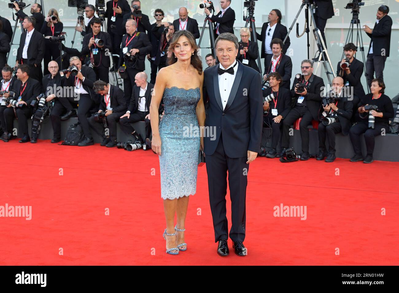 Venice Lido, Italy. 30th Aug, 2023. Agnese Landini (l) and Matteo Renzi ...